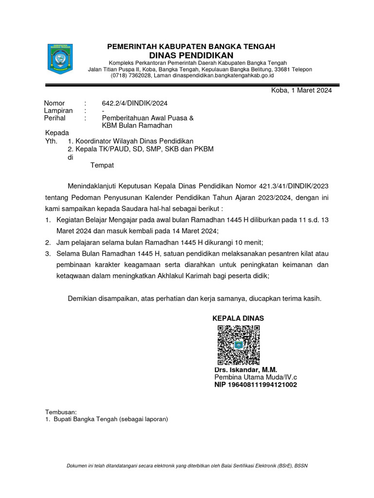 Surat Edaran Libur Awal Puasa & KBM Bulan Ramadhan TTE | PDF