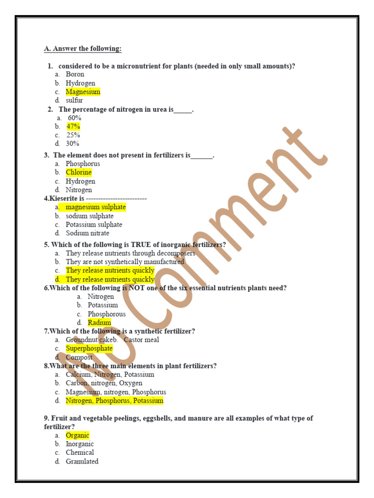MCQ | PDF | Fertilizer | Plant Nutrition