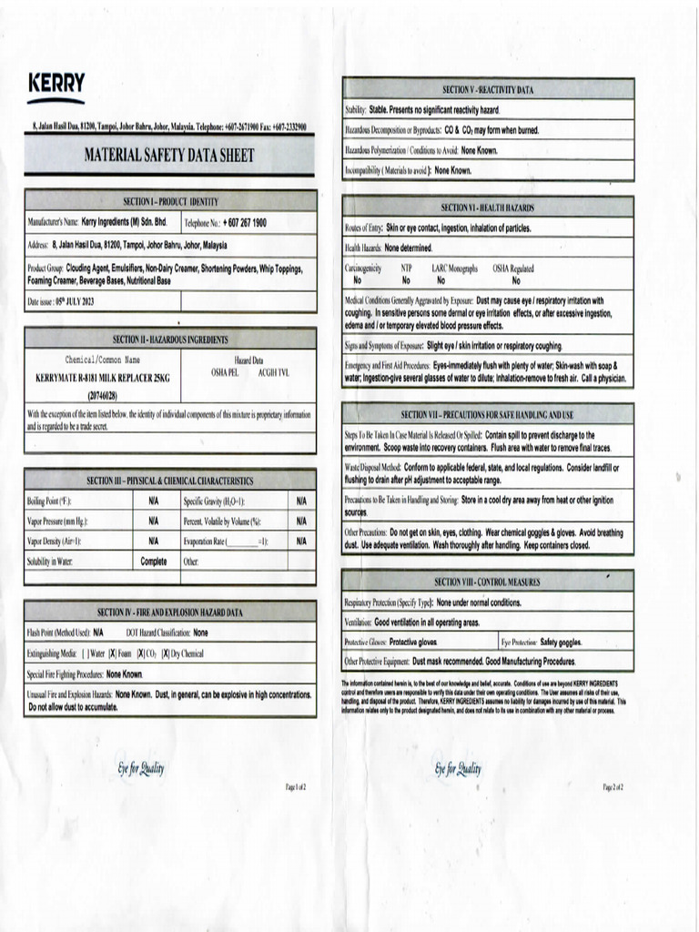 KERRY - Milk Replacer R-8181 - MSDS | PDF