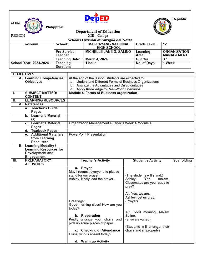 Organization Management Module 4 Lesson Plan - Revised | PDF | Partnership | Corporations