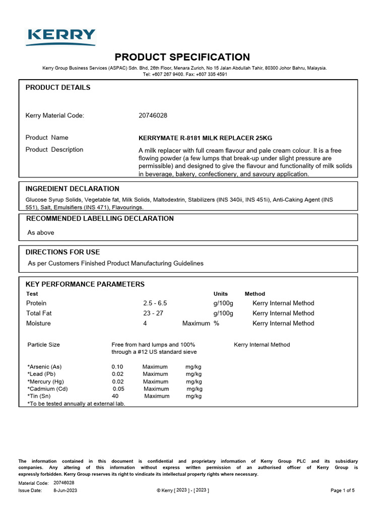 KERRY - Milk Replacer R-8181 - Spec Product | PDF | Milk | Cream