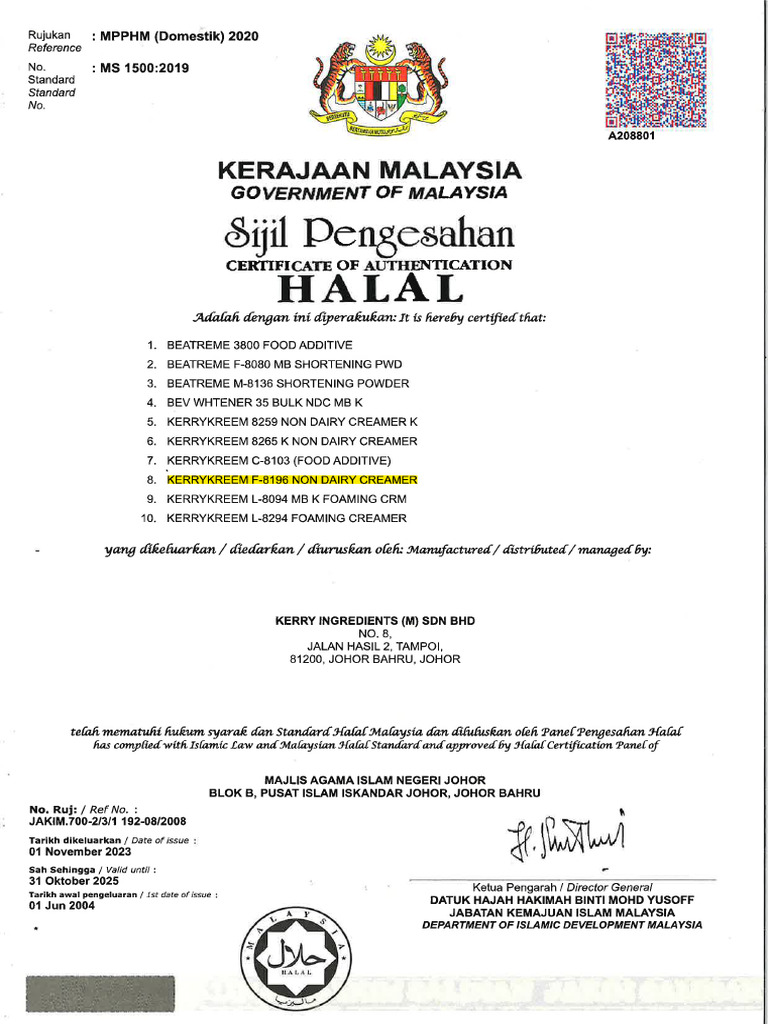 KERRY - Non Dairy Creamer F-8196 - Halal Certf (Oct25) | PDF | Malaysia