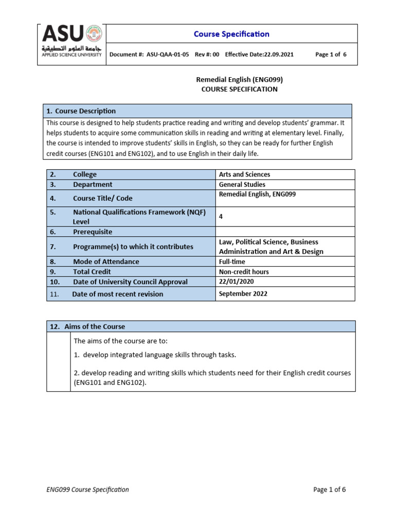 Remedial English Course Overview ENG099 | PDF | Literacy | Learning