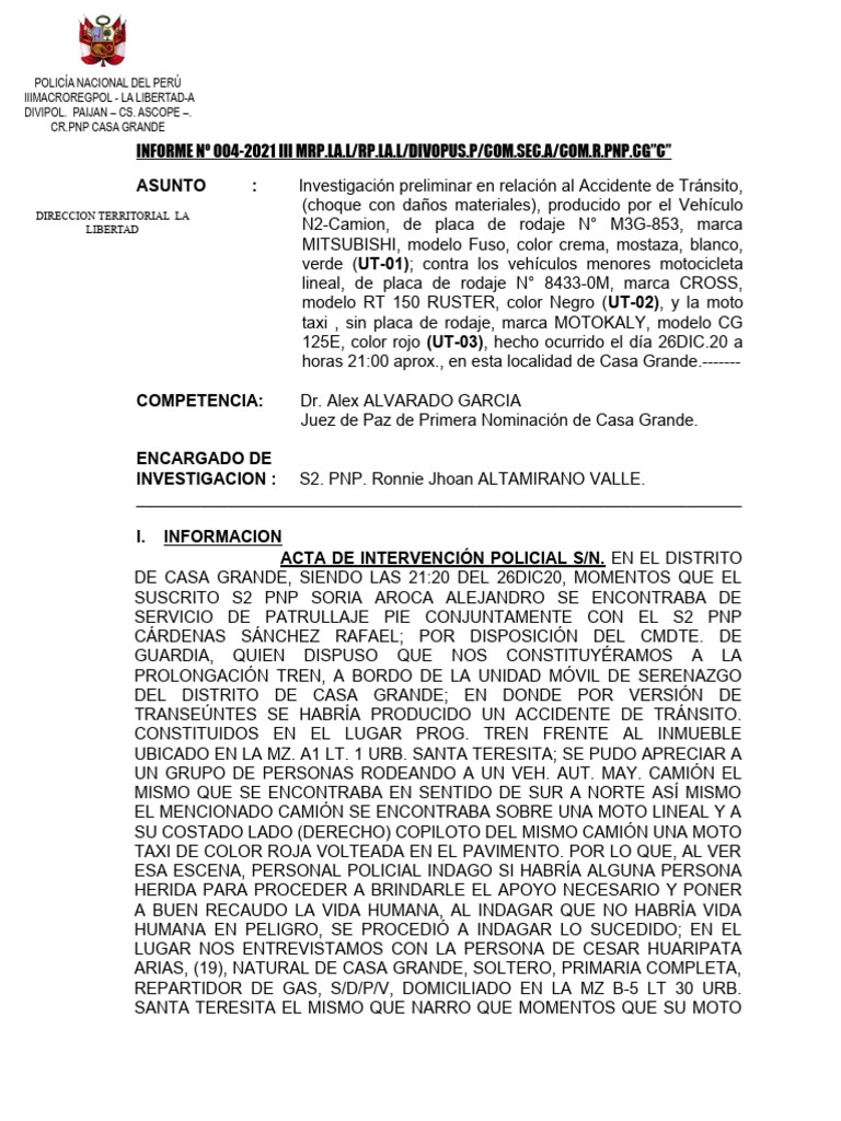 INFORMES ACCDE TRANSITO CHOQUE CON DAÑOS MATERIALES | PDF | Accidente ...
