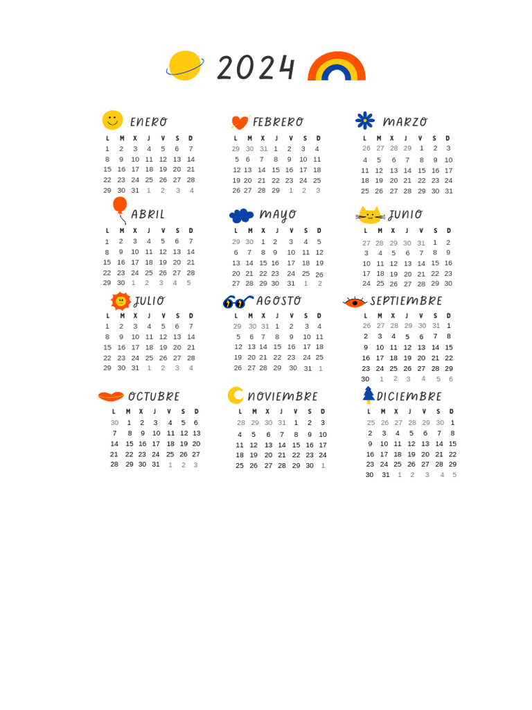Documento A4 Calendario 2024 Infantil Colorido (1) Mini | PDF