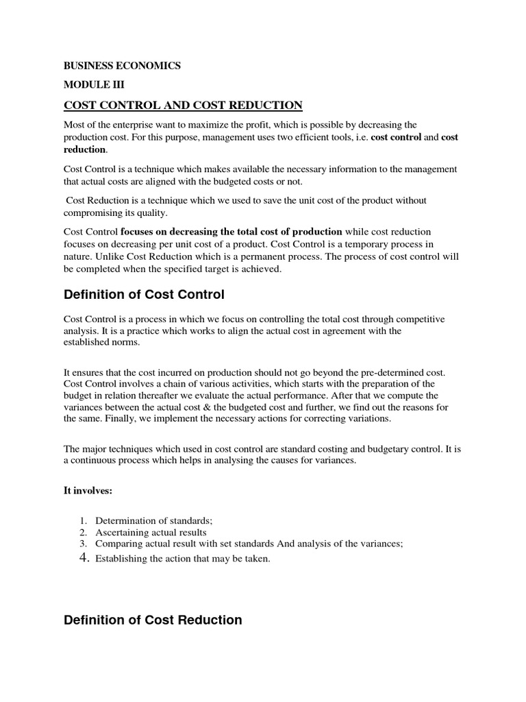 Cost Control Reduction Pdf Cost Accounting Cost