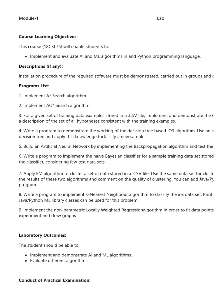 AI & ML Algorithms Lab Guide | PDF