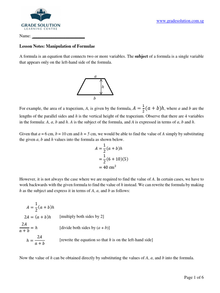 Manipulation Of Algebraic Formulae Notes Teacher Download Free Pdf