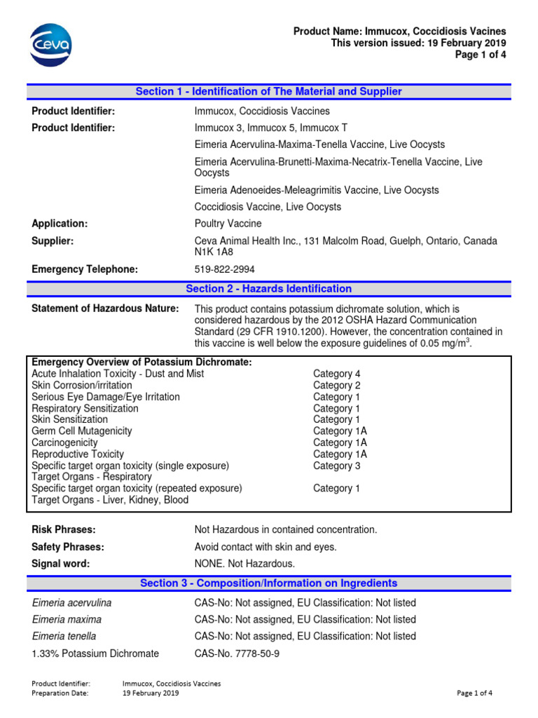 MSDS - IMMUCOX 3, 5 and T 19FEB19 | PDF | Toxicity | Personal ...