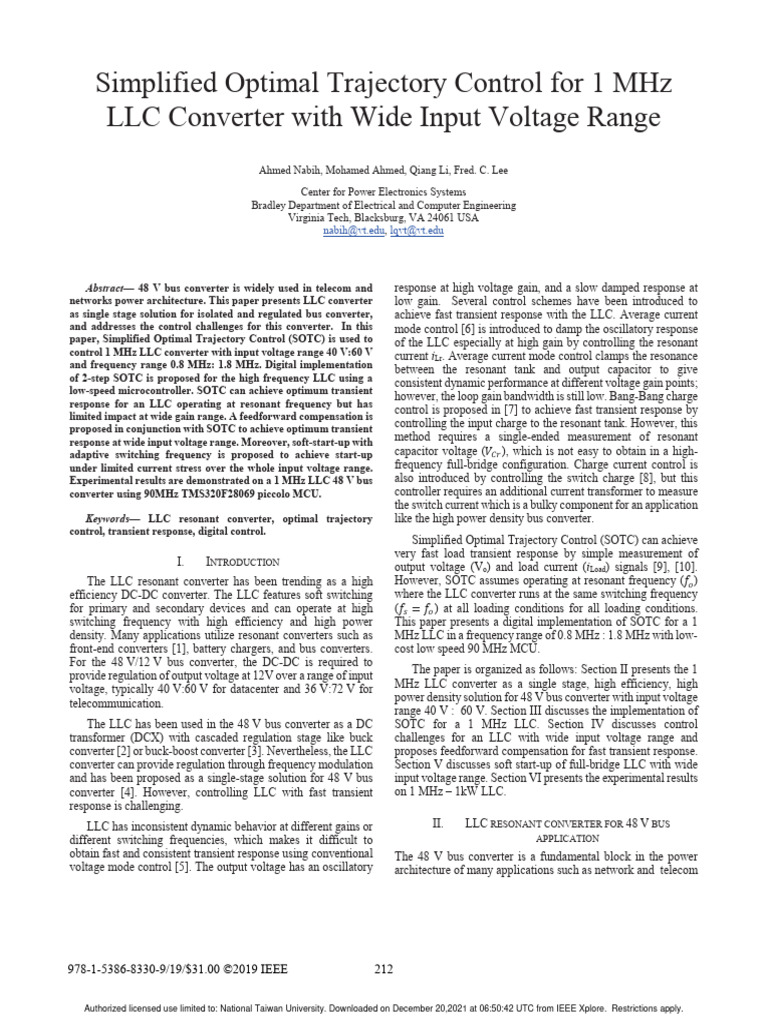 Simplified Optimal Trajectory Control For 1 MHZ LLC Converter With Wide Input Voltage Range ...