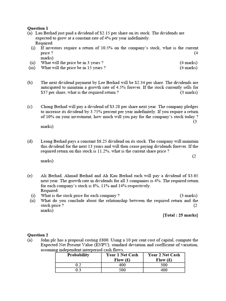 Questions 1, 2 and 3 | PDF | Dividend | Beta (Finance)