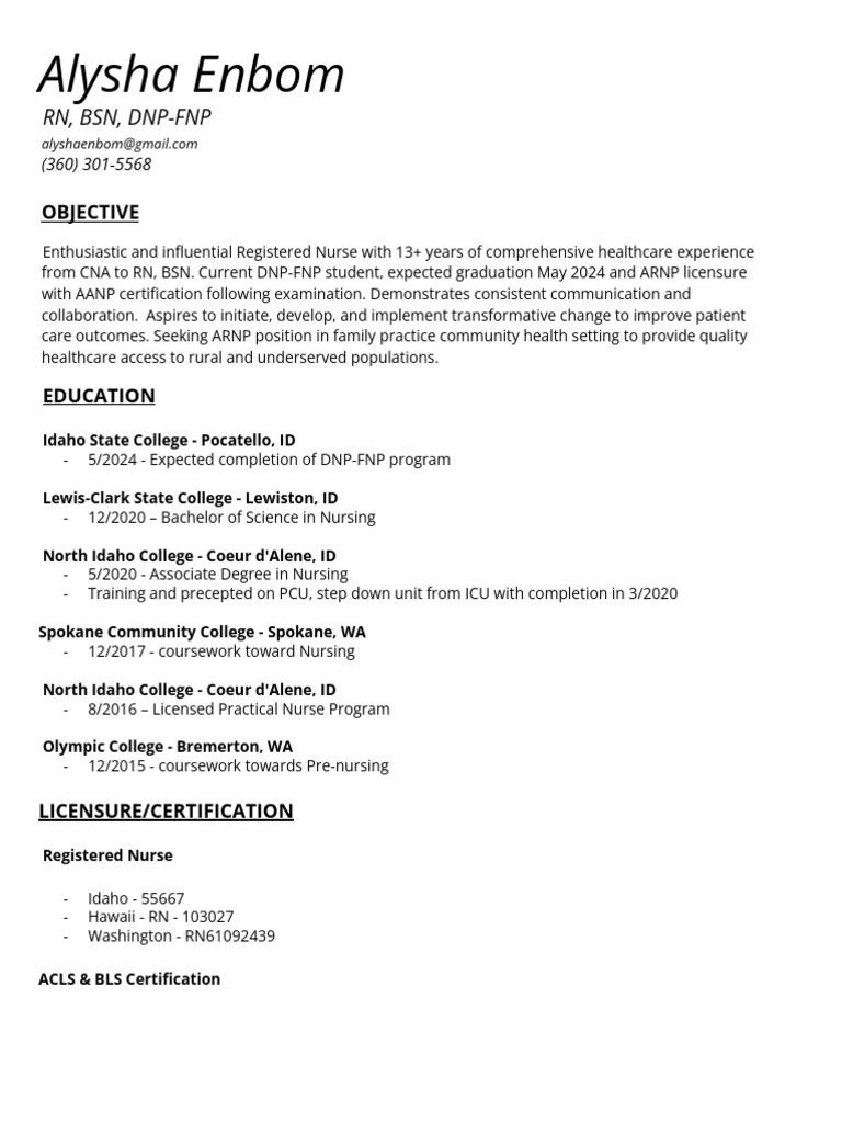 alysha enbom arnp cv 4 2024 1 | PDF | Nurse Practitioner | Nursing