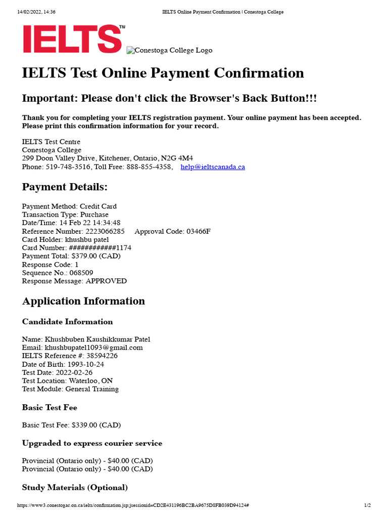 IELTS Online Payment Confirmation - Conestoga College | PDF | Payments ...