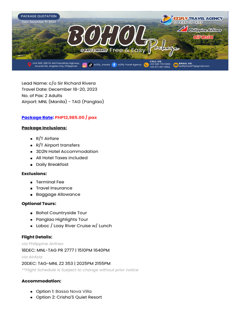 Sir Richard - 3d2n Bohol Quotation | PDF | Airport | Payments