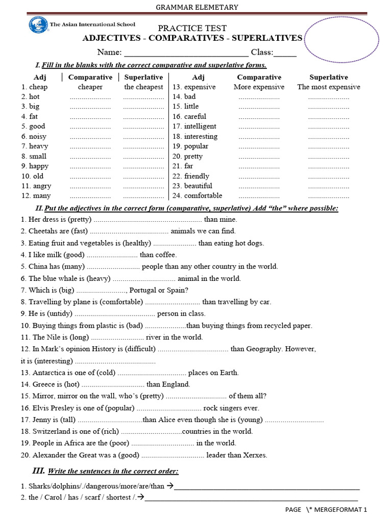 Adj Comparison Practice Test | PDF