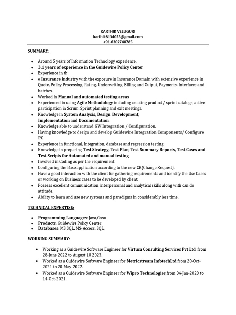 Guidewire Developer Resume Summary | PDF | Insurance | Computer Programming