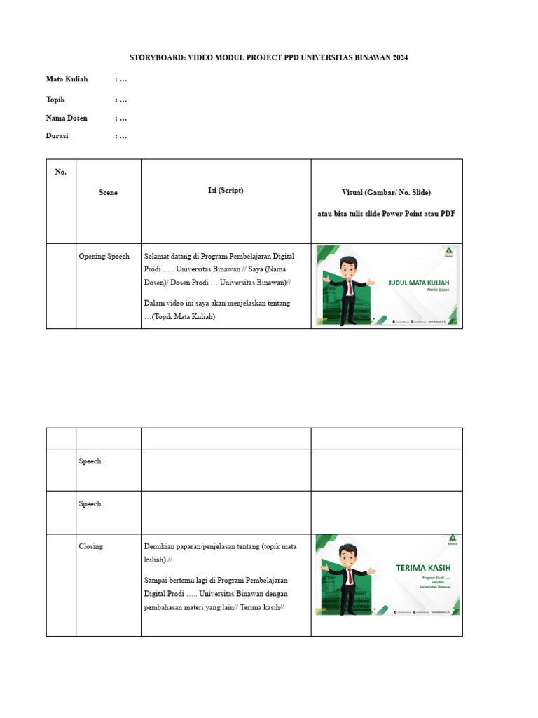 Storyboard - Video Modul Project PPD Universitas Binawan 2024 | PDF
