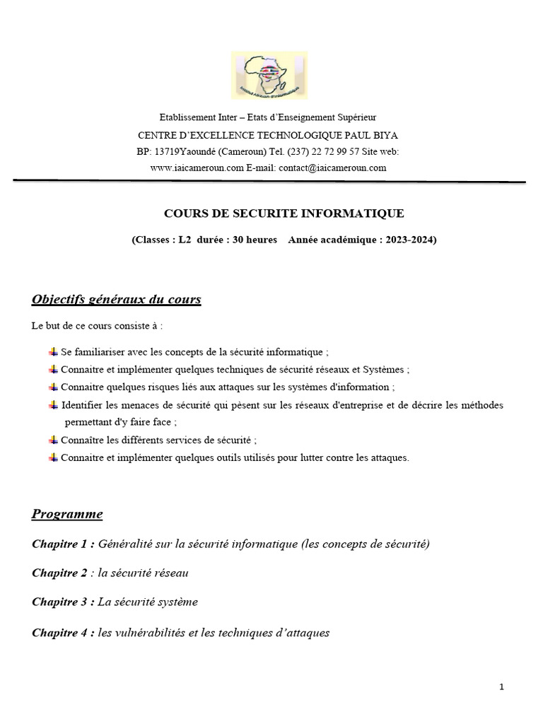 Cours de Sécurité Informatique 2023-2024 Partie1 | PDF | Sécurité | Sécurité des systèmes d ...