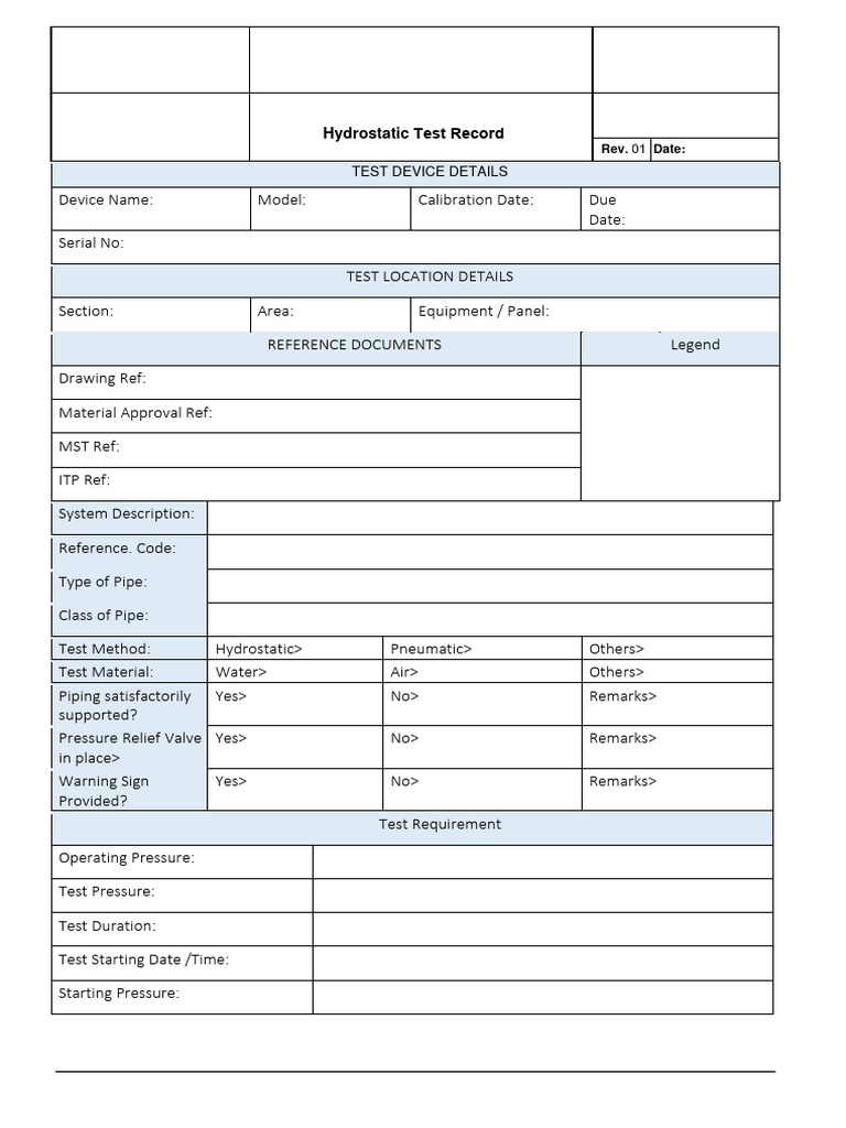 Hydrostatic Test Record Template | PDF