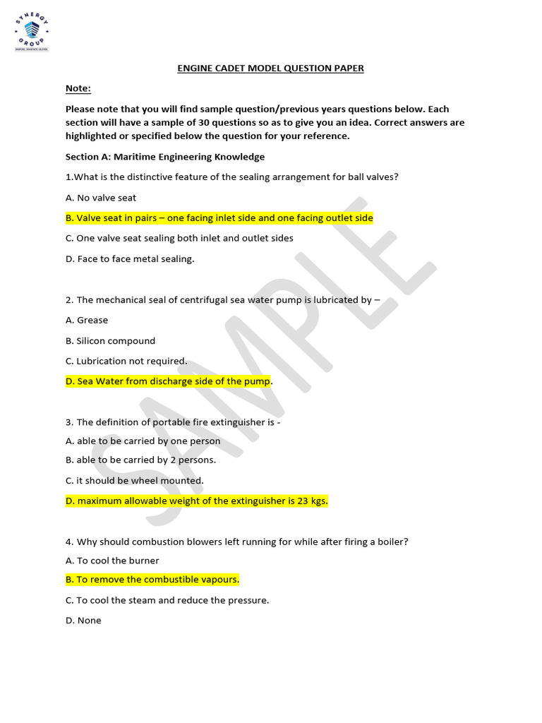 Engine Cadet Exam Question Paper | PDF | Pump | Diesel Engine