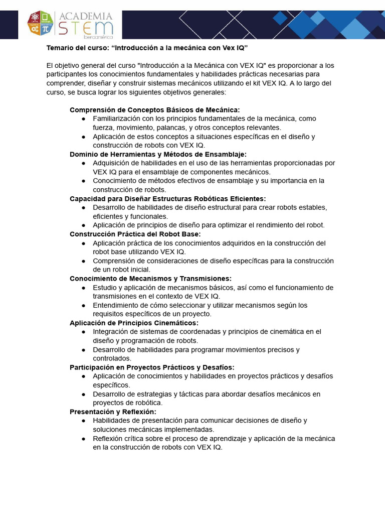 Temario Del Curso - Introducción A La Mecánica Con Vex IQ | PDF | Diseño | Robótica