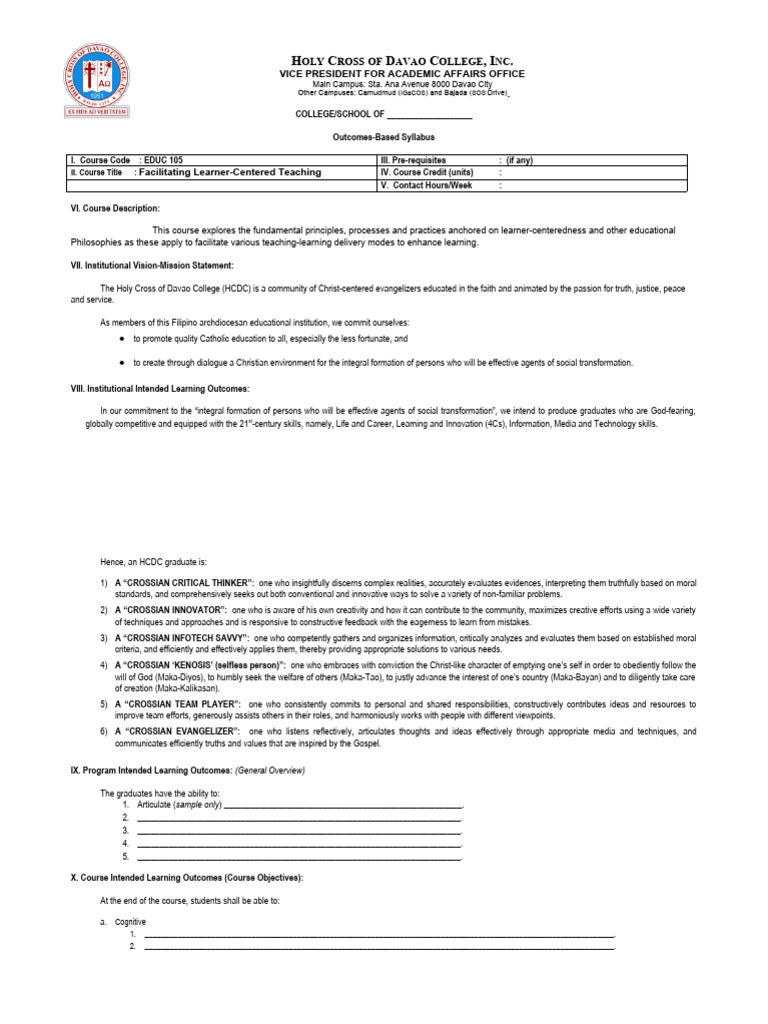EDUC 105 - Facilitating Learner-Centered Teaching - SYLLABUS | PDF ...