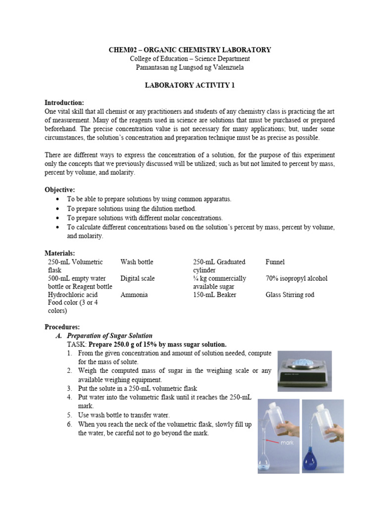 Organic Chemistry Lab: Solution Preparation | PDF | Volume | Concentration
