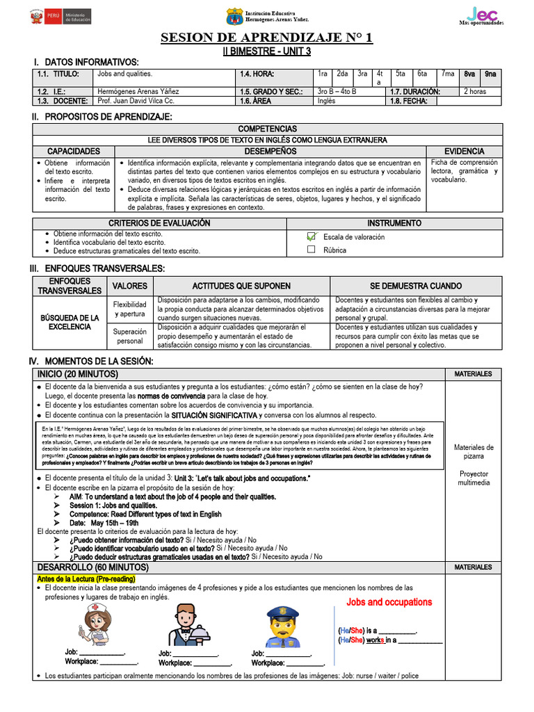 Sesion de Aprendizaje N°1 - 2023 - Ciclo Vii - Unit 3 | PDF | Cognición | Lingüística