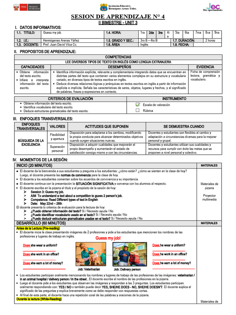 Sesion de Aprendizaje N°4 - 2023 - Ciclo Vii - Unit 3 | PDF | Conceptos psicologicos ...