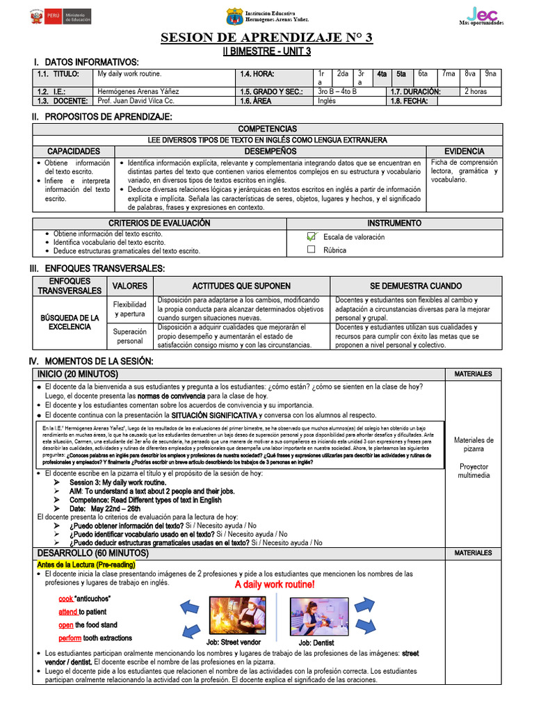 Sesion de Aprendizaje N°3 - 2023 - Ciclo Vii - Unit 3 | PDF | Comunicación humana | Aprendizaje