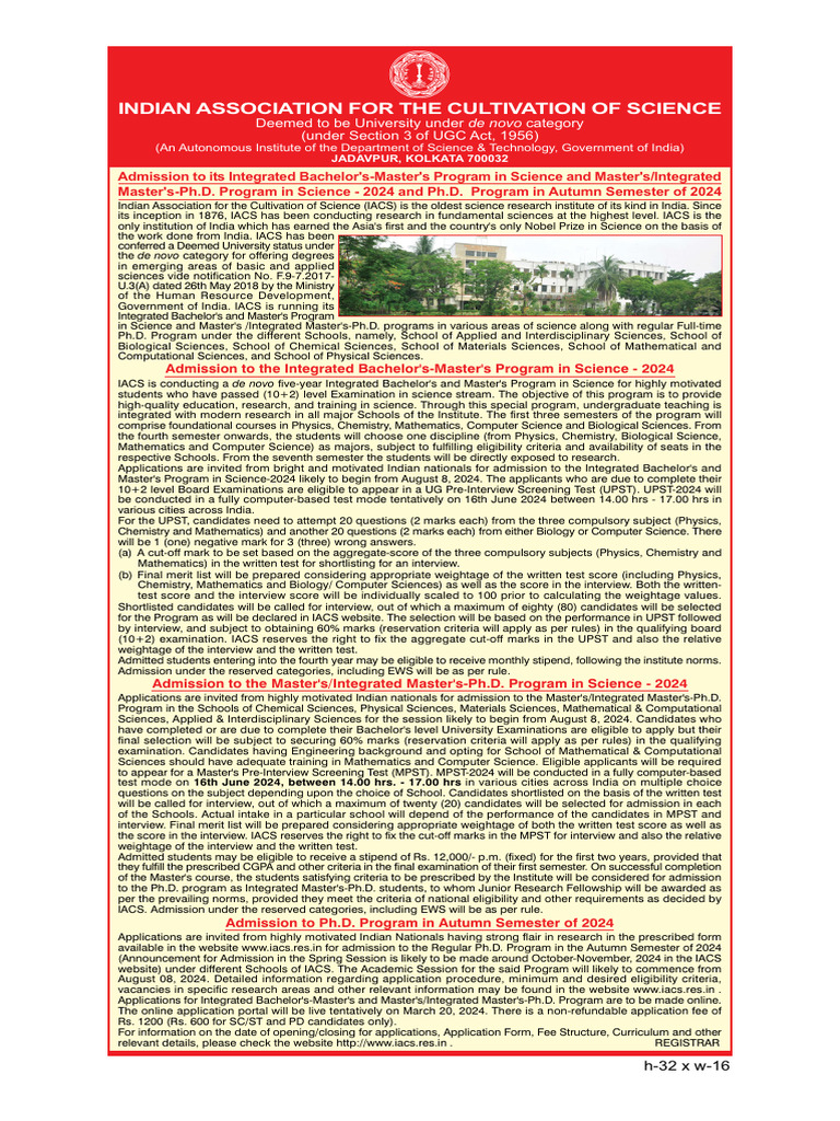 Iacs-Admission Notice - 2024 | Download Free PDF | University And College Admission | Science