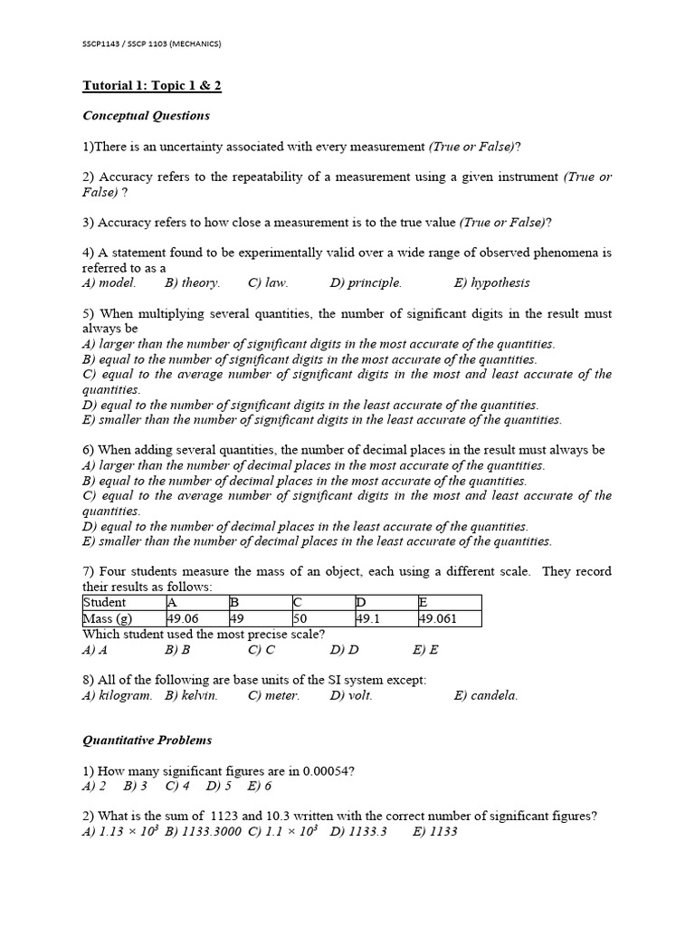 Tutorial 1 (2) | PDF | Significant Figures | Velocity