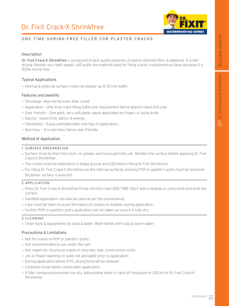 Technical Details Sheet Dr. Fixit Crack-X Shrinkfree | PDF | Plaster | Water