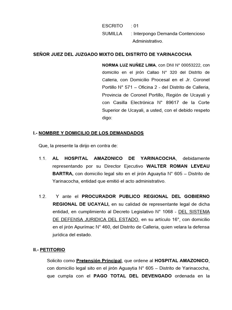 Escrito 1 Proceso Urgente Norma Luz Nuñez Lima Pdf Documento De