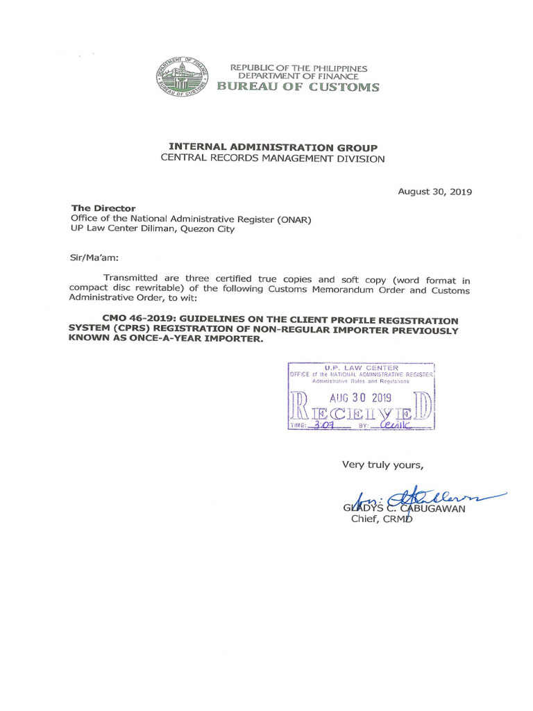 Cmo-46-2019-Guidelines On The CPRS Registration of Non-Regular Importer | PDF