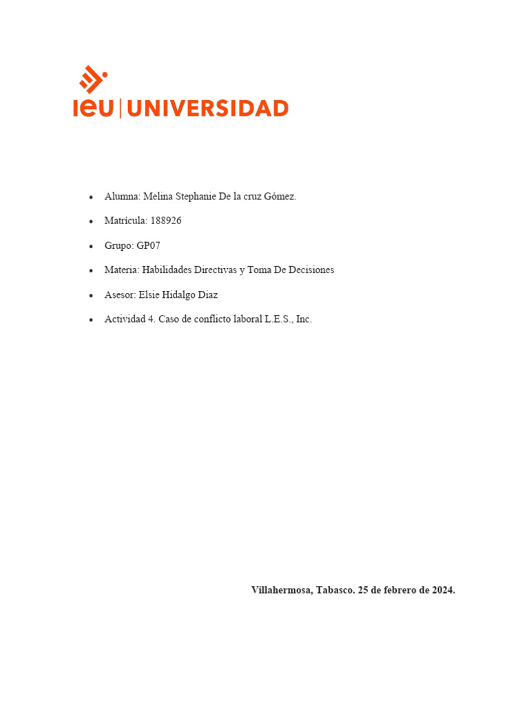 Actividad 4. Caso de conflicto laboral L.E.S. Inc. | PDF | Caso de ...