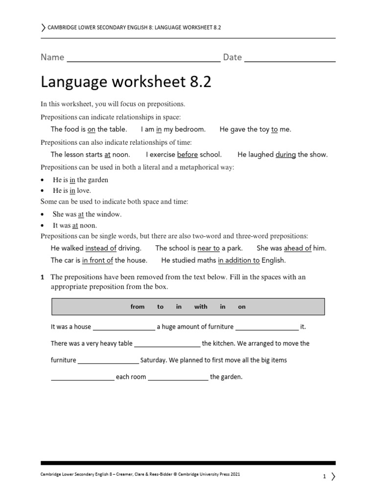 Prepositions Language Worksheet 8.2 | PDF | Linguistics