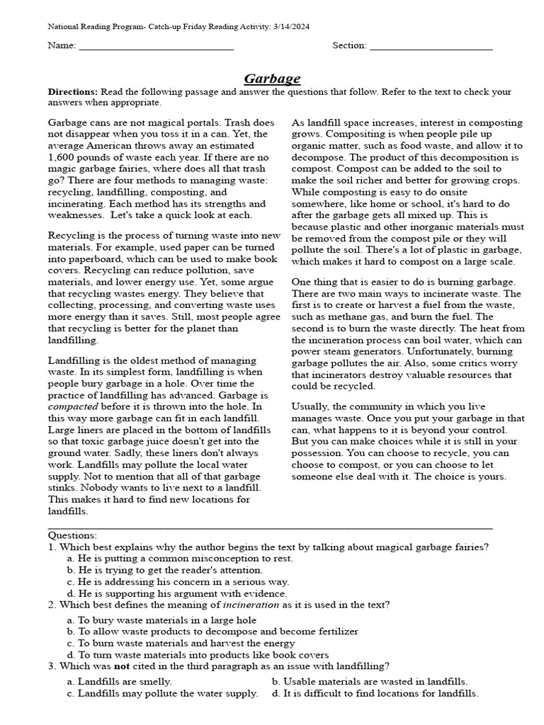 nonfiction-reading-test-garbage | PDF | Municipal Solid Waste | Waste