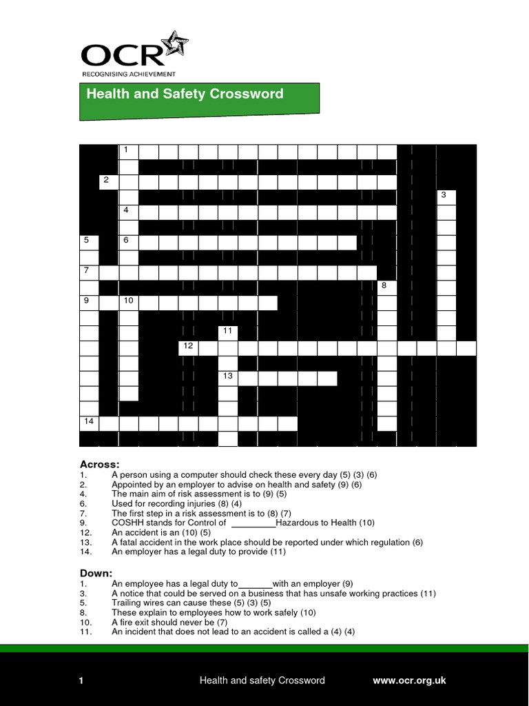 Health and Safety Crossword Puzzle | PDF | Computers | Technology ...