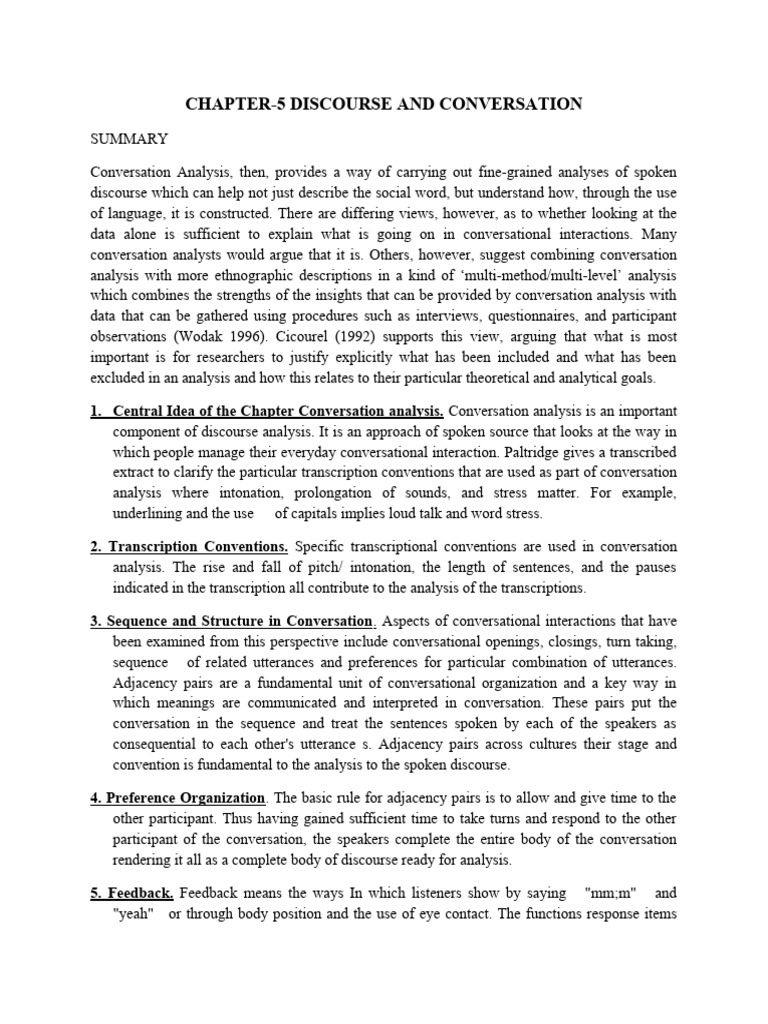 Chapter 5 Discourse and Conversation Analysis Summary | PDF | Conversation | Human Communication