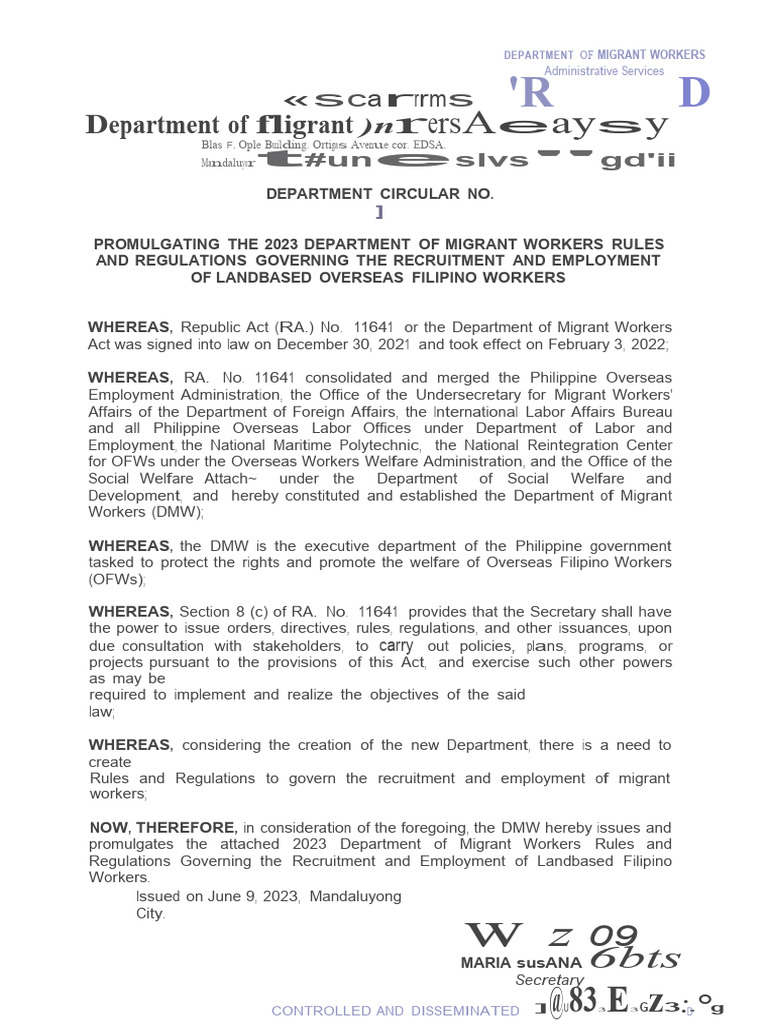 DMW DC 01 2023 | PDF | Employment | Employment Agency