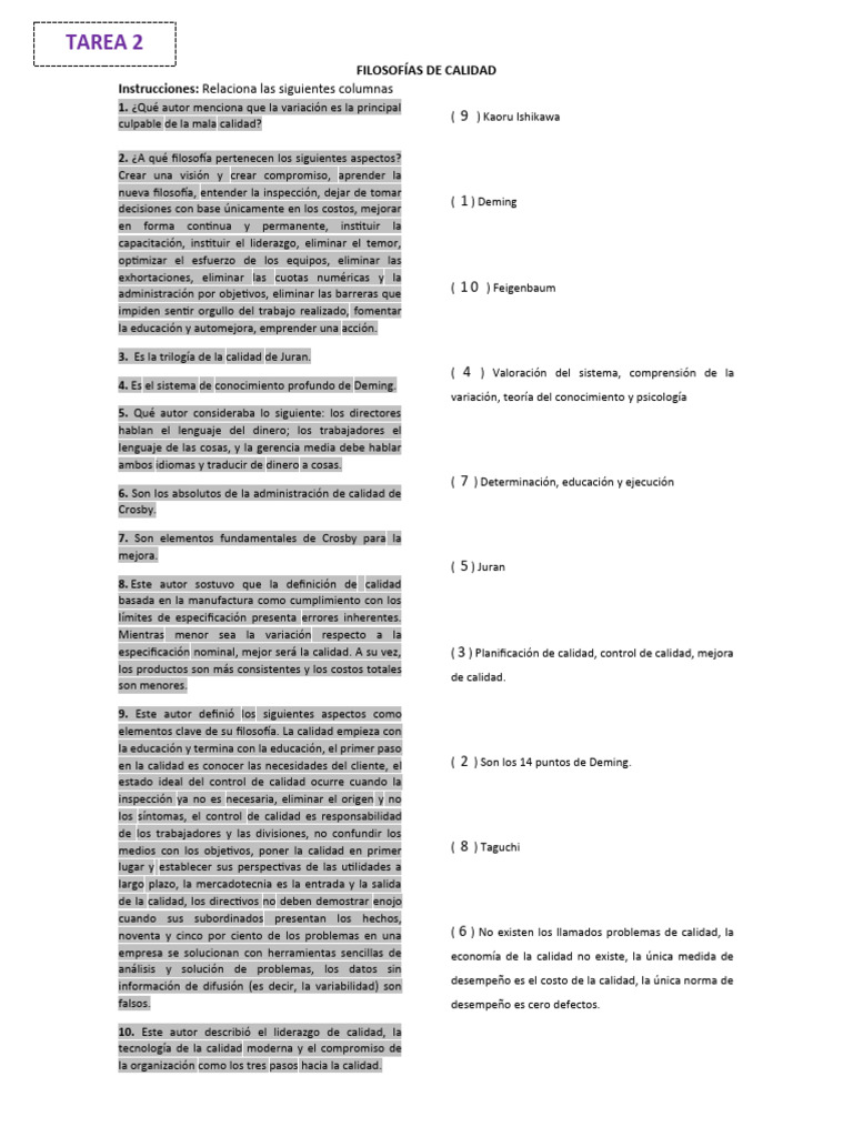 1.2 Cuestionario Filosofías de calidad | PDF | Calidad (comercial) | Business