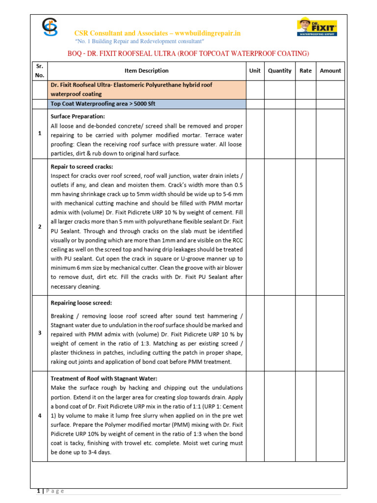 CSR - Roofseal Ultra - BOQ | PDF | Concrete | Materials