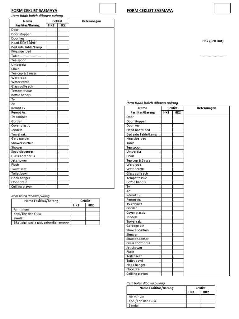 Form Ceklist HK Sasmaya | PDF | Domestic Implements | Bathing