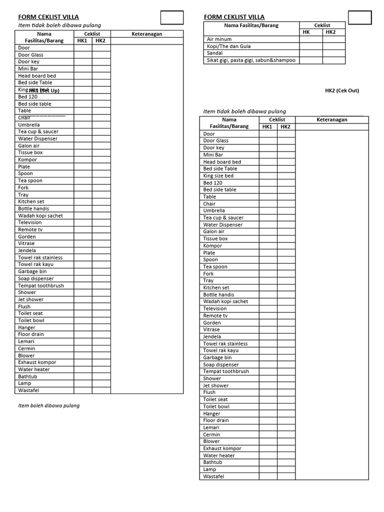 Form Ceklist Room HK Villa | Download Free PDF | Hygiene | Bathroom