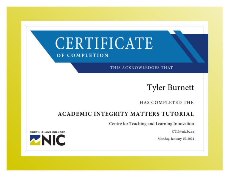 Certificate of Completion 2023 STUDENT Academic Integrity Matters (AIM ...