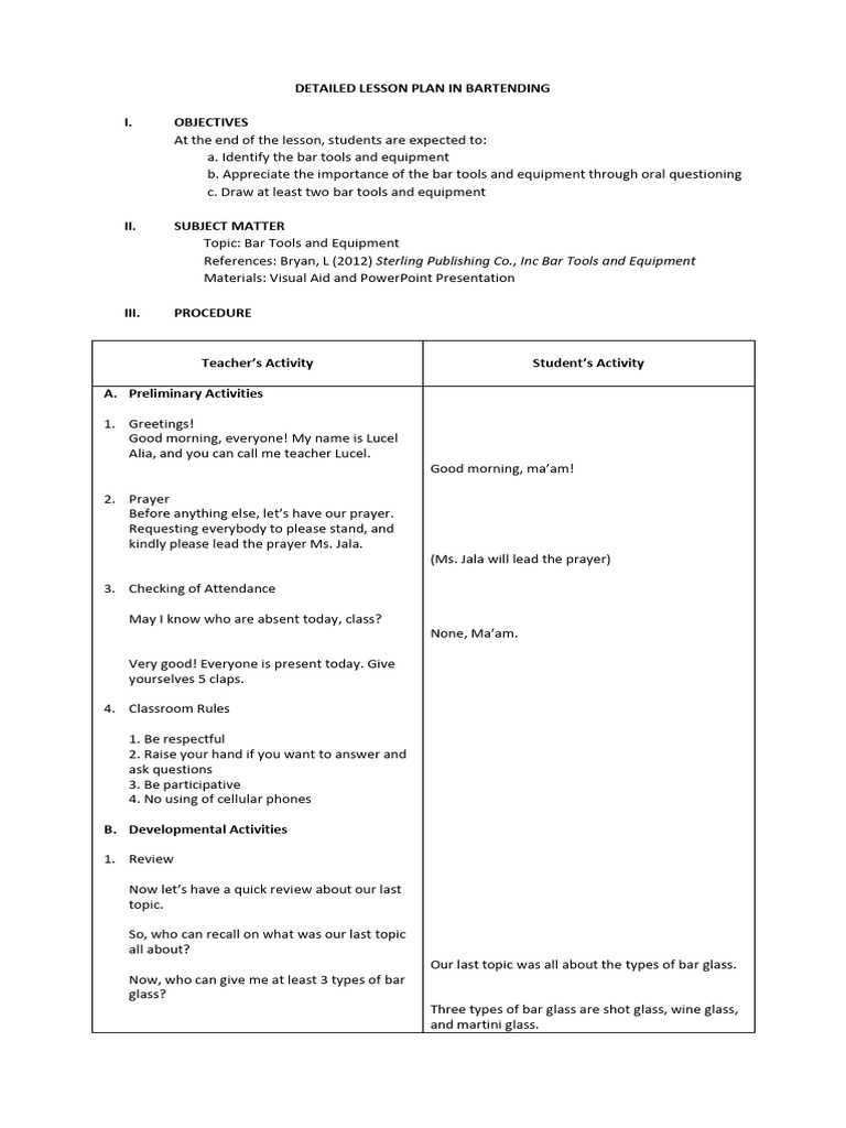 Lesson Plan in Bartending 5 | PDF | Drink | Bartender