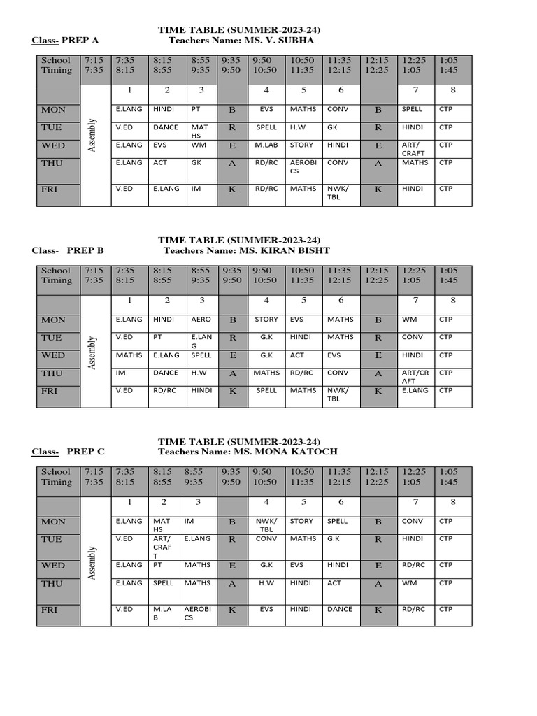 Summer 2023-24 Class Timetable | PDF | Language Arts & Discipline