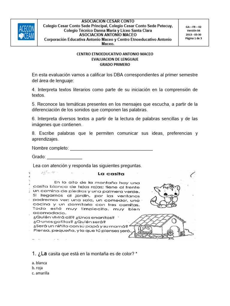 Examen Final De Lenguaje 1periodo Grado Primero 2024 Pdf Cognición