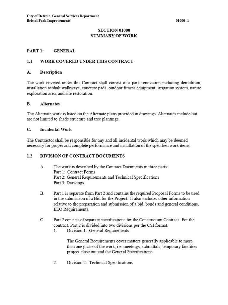 SECTION 01000 Summary of Work Part 1: General 1.1 Work Covered Under ...